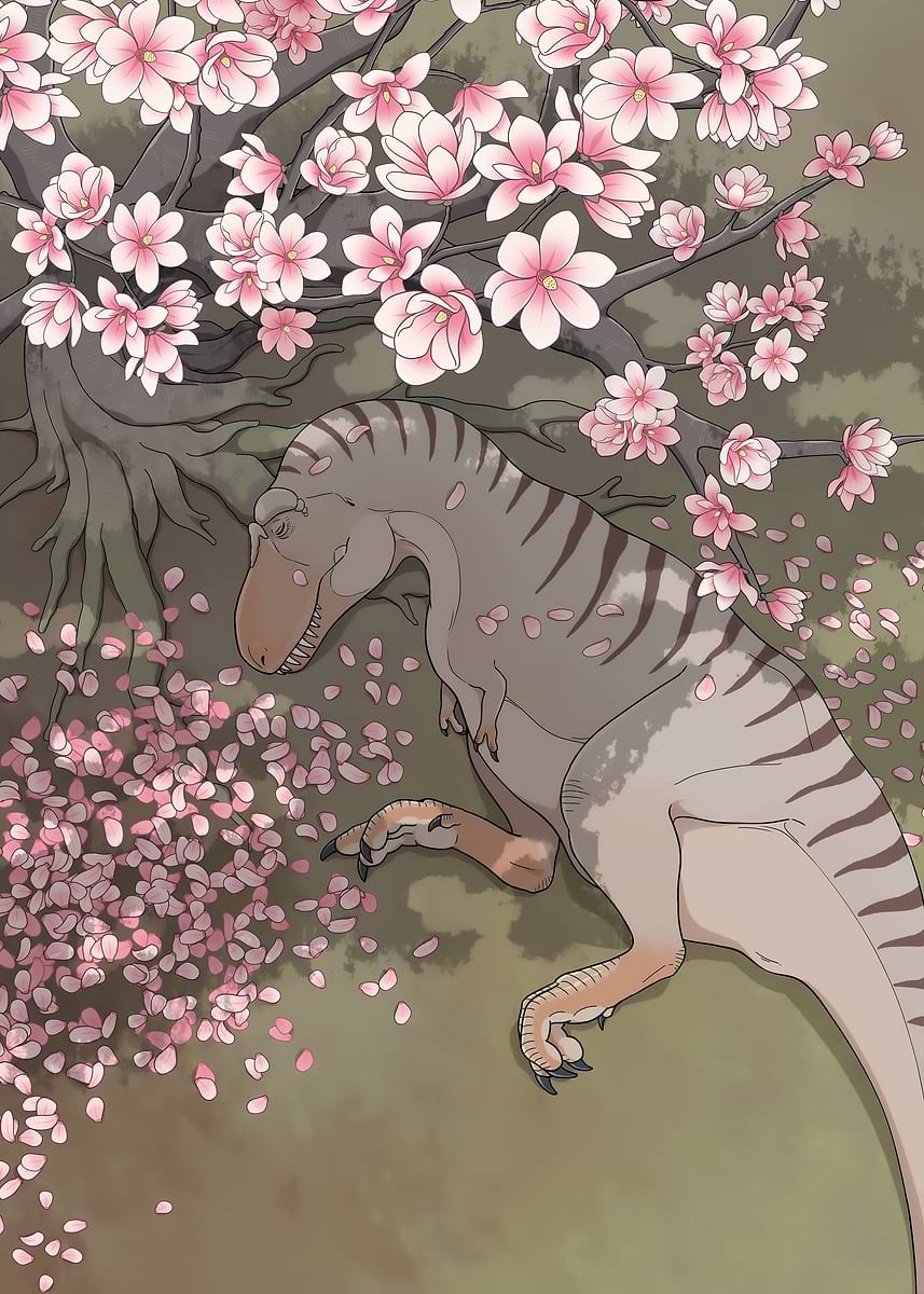 'T-Rex under Cherry Blossom Tree' Poster, picture, metal print, paint ...
