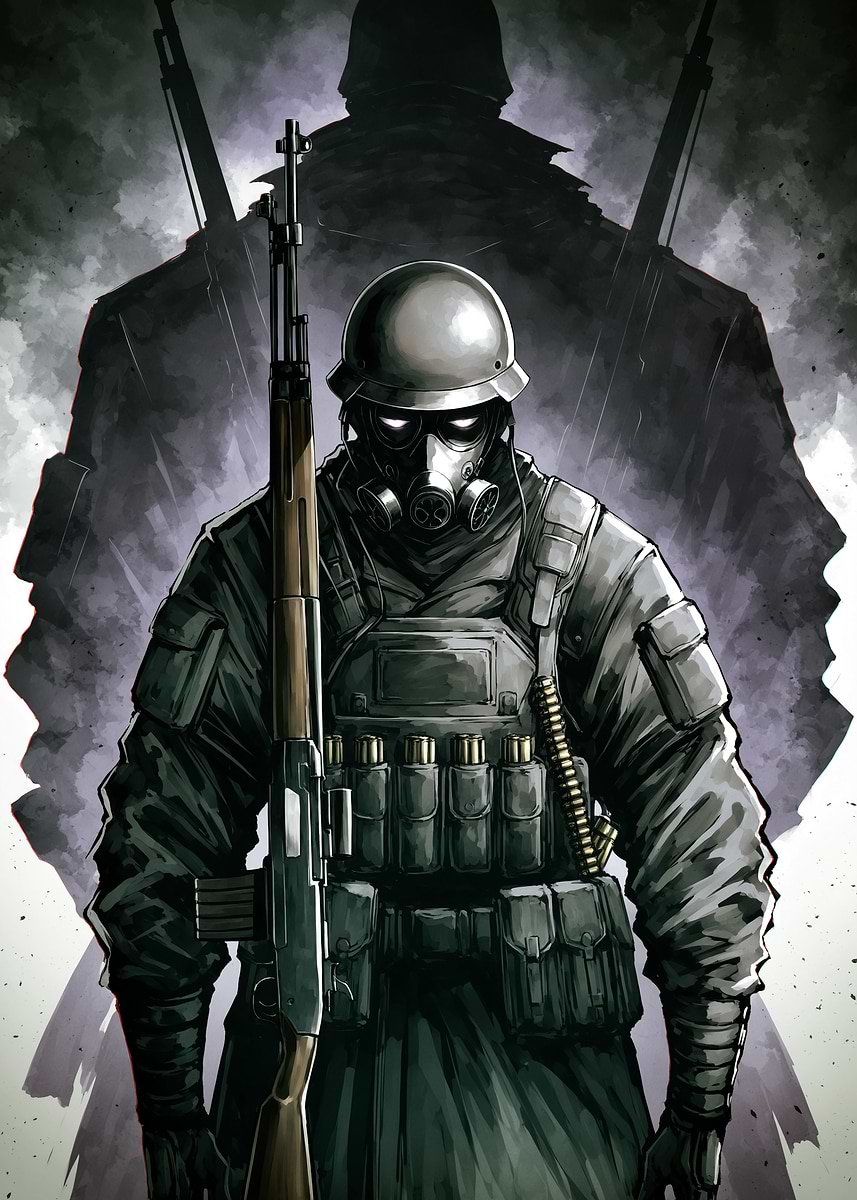 'Soldier with Gas Mask and Rifle' Poster, picture, metal print, paint ...