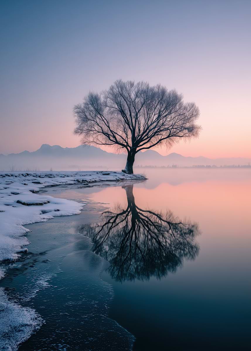 'Winter Tree Reflection at Sunrise' Poster, picture, metal print, paint ...