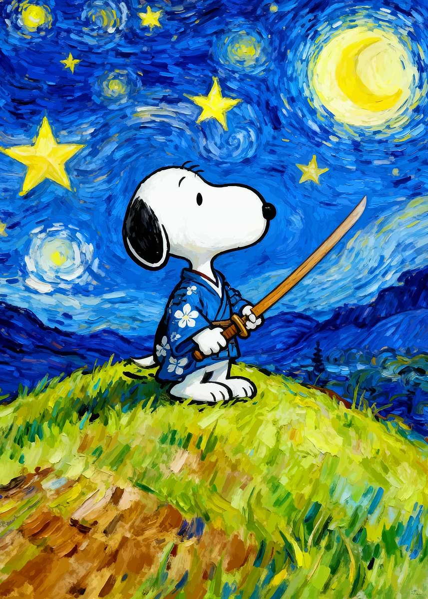 'Snoopy Samurai Starry Night Painting' Poster, picture, metal print ...