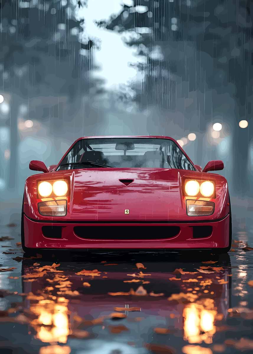 'Red Ferrari F40 in the Rain' Poster, picture, metal print, paint by ...