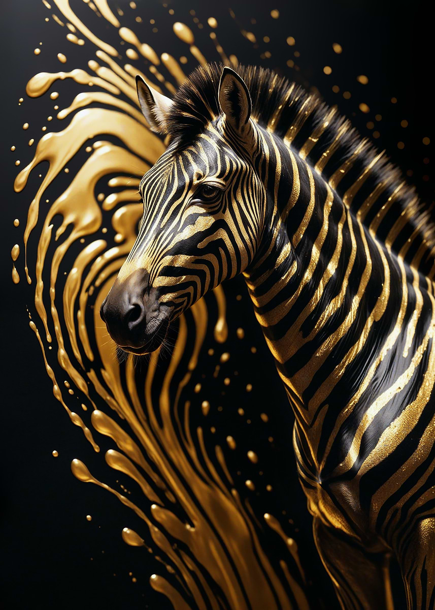 'Golden Zebra on Golden Splash Background' Poster, picture, metal print ...