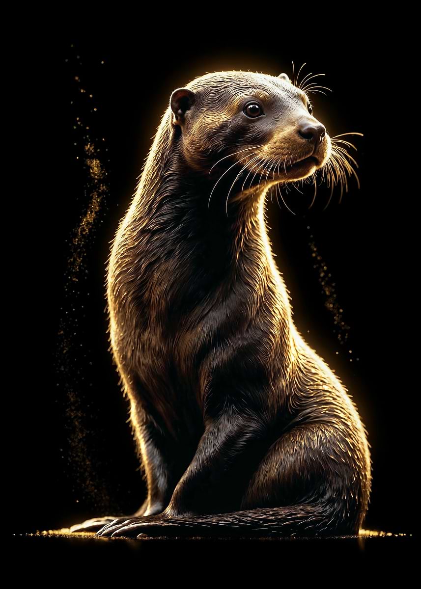 'Cute Golden Otter Portrait on Black Background' Poster, picture, metal ...