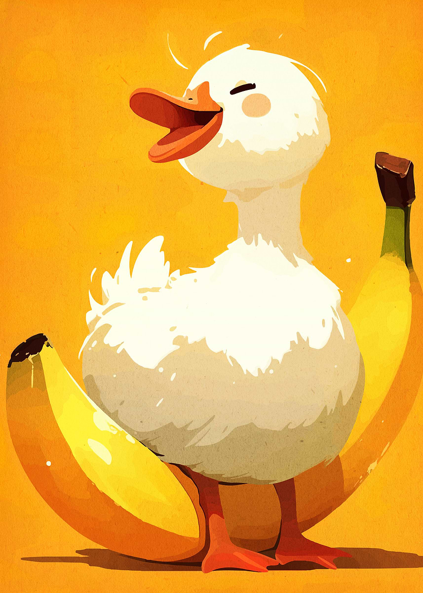 'Duck and Bananas Cartoon Illustration' Poster, picture, metal print ...