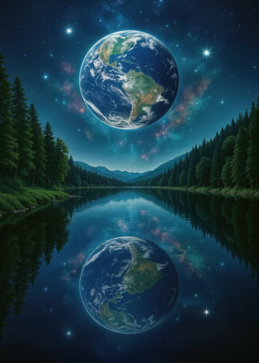 'Earth Reflection in Lake Under Stars' Poster, picture, metal print ...