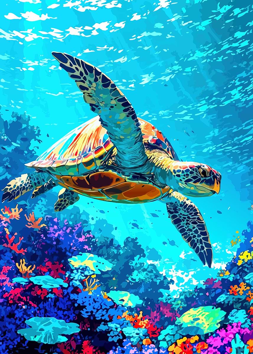 'Colorful Sea Turtle Underwater' Poster, picture, metal print, paint by ...