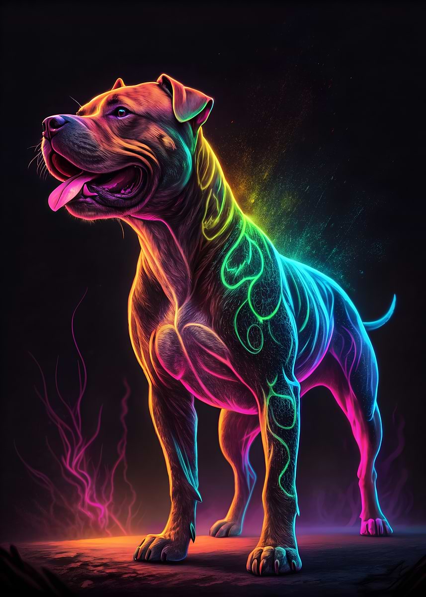 'Neon Pitbull Dog Portrait' Poster, picture, metal print, paint by ...