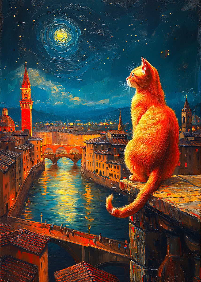 'Cat Overlooking Florence at Night' Poster, picture, metal print, paint ...