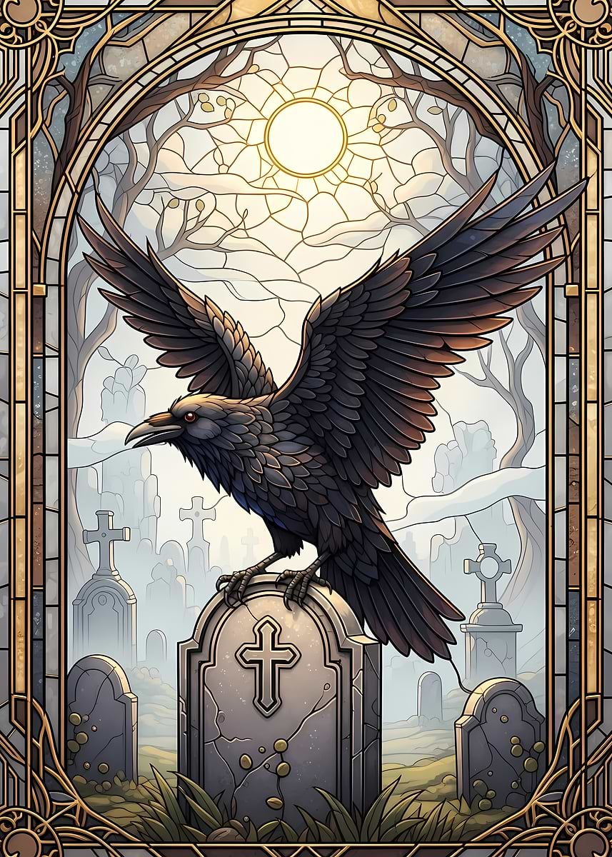 'Raven on Tombstone Stained Glass Art' Poster, picture, metal print ...