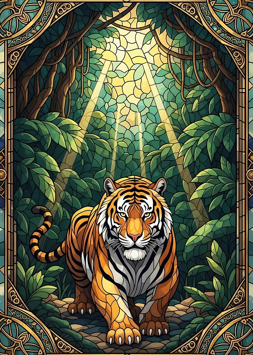 'Tiger in Jungle Stained Glass Style' Poster, picture, metal print ...