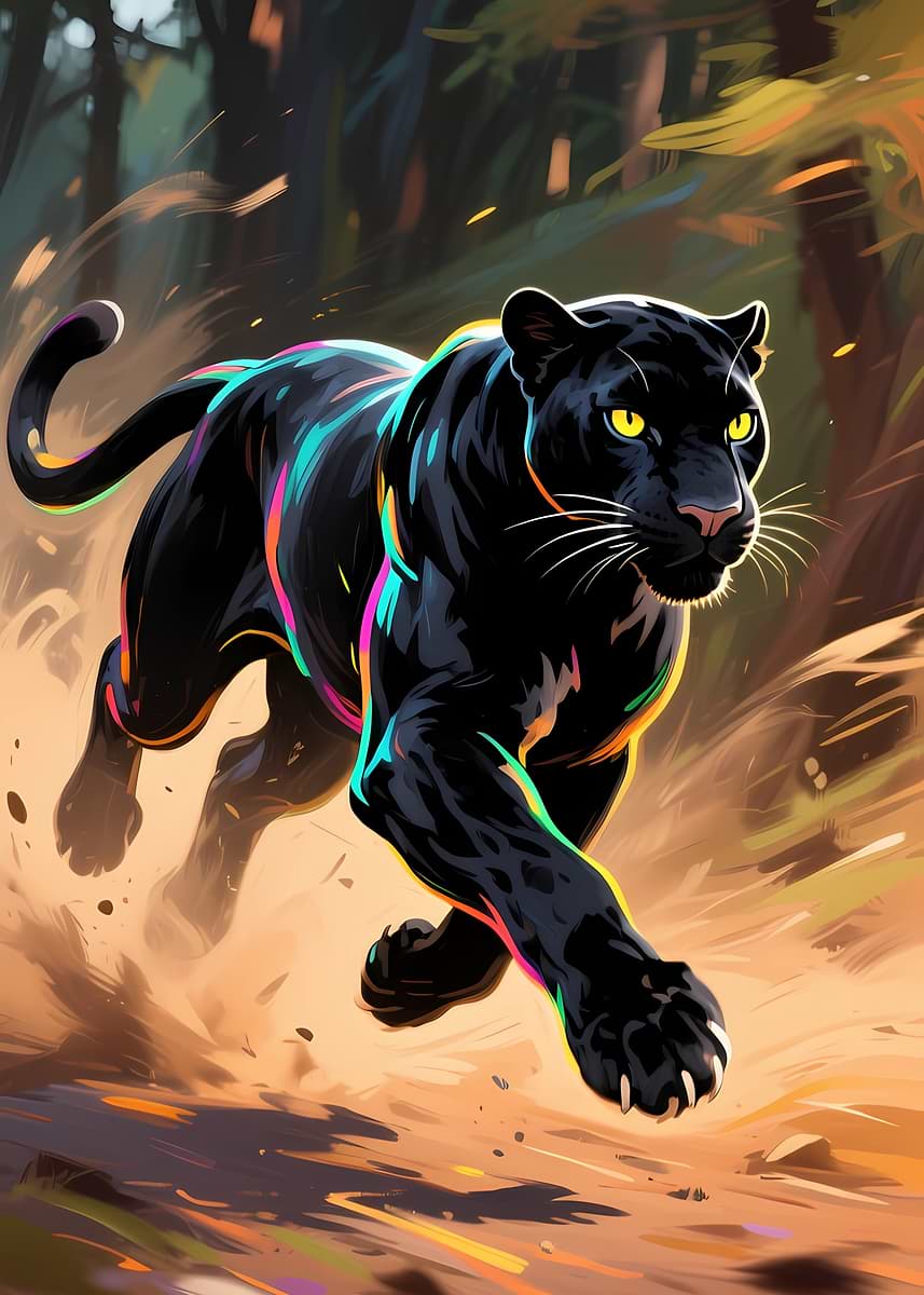'Black Panther Running in Forest' Poster, picture, metal print, paint ...