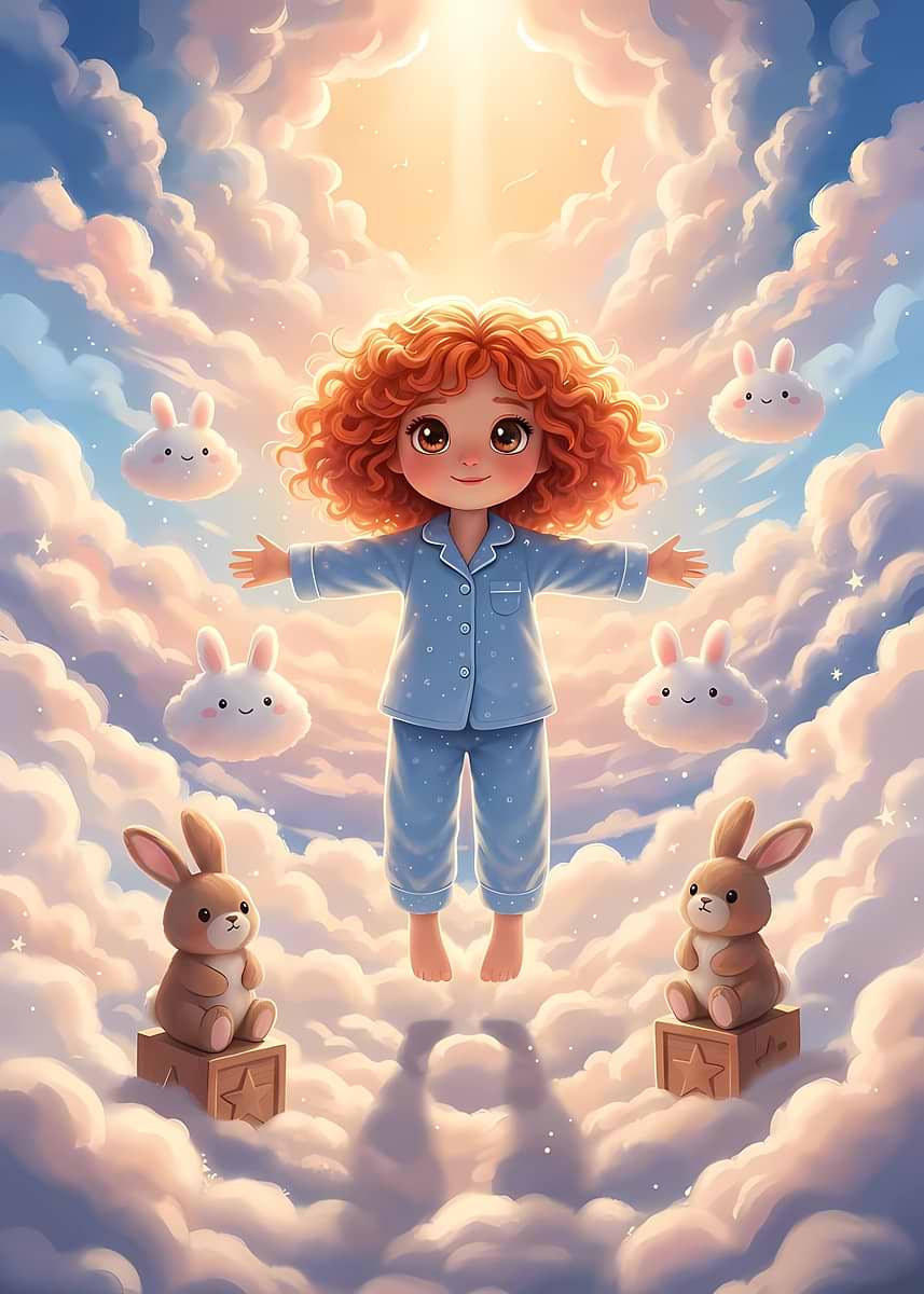 'Dreamy Girl in Clouds with Bunnies' Poster, picture, metal print ...