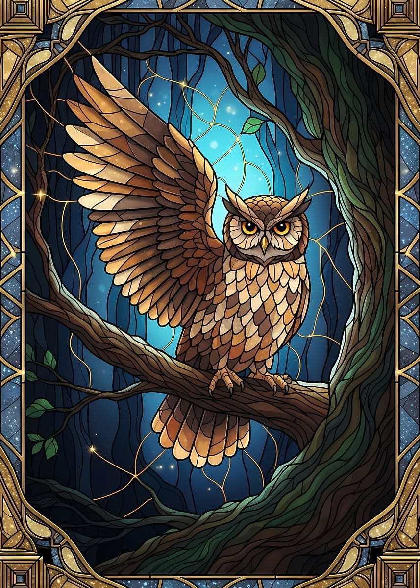 'Stained Glass Owl in Forest' Poster, picture, metal print, paint by ...