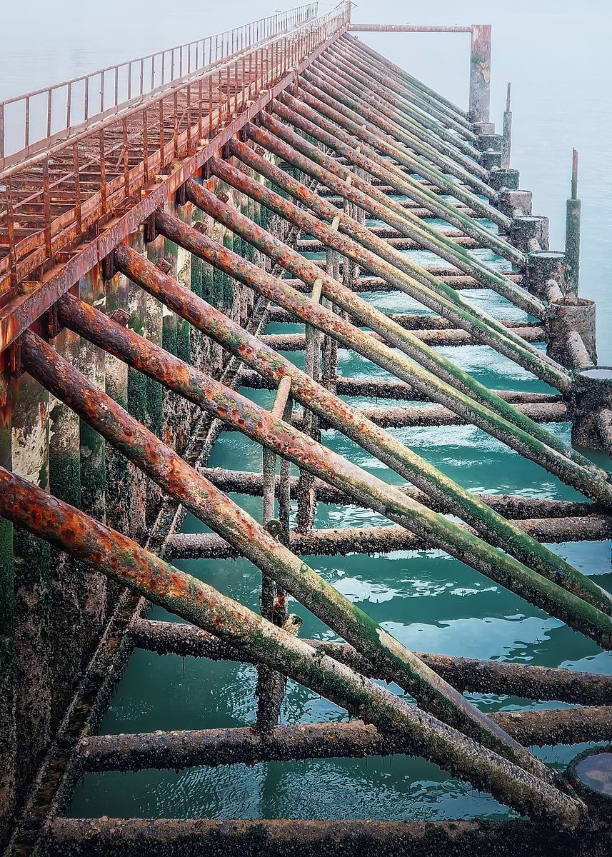 'Rusty Pier Structure Over Water' Poster, picture, metal print, paint ...
