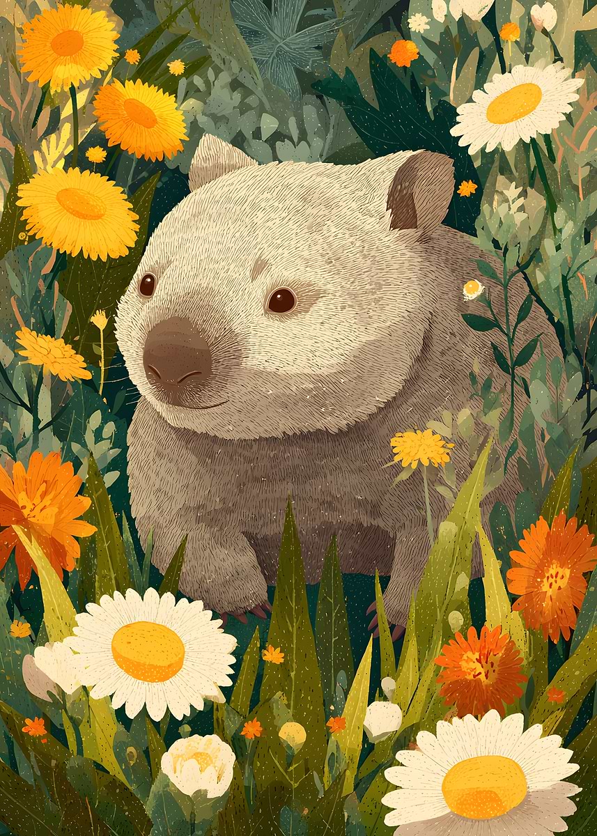 'Wombat in a field of flowers' Poster, picture, metal print, paint by ...