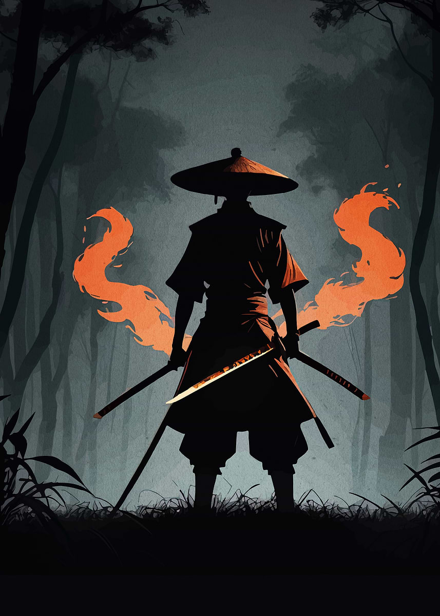 'Silhouette Samurai with Flaming Swords' Poster, picture, metal print ...