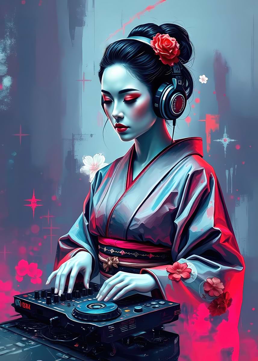'Geisha DJ with Headphones and Mixer' Poster, picture, metal print ...