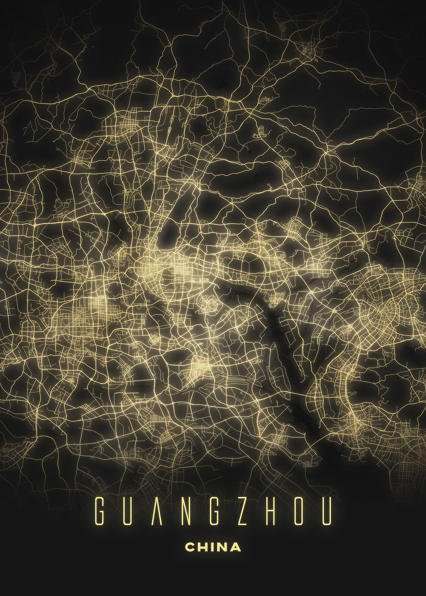 'Guangzhou, China - Illuminated Night City Map Poster, Modern Urban ...