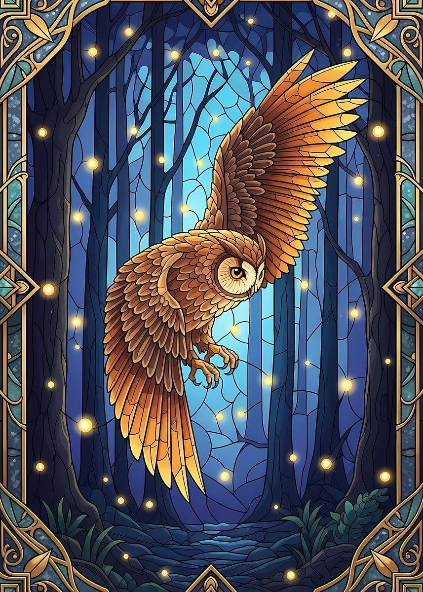 'Owl in Forest Stained Glass Style' Poster, picture, metal print, paint ...