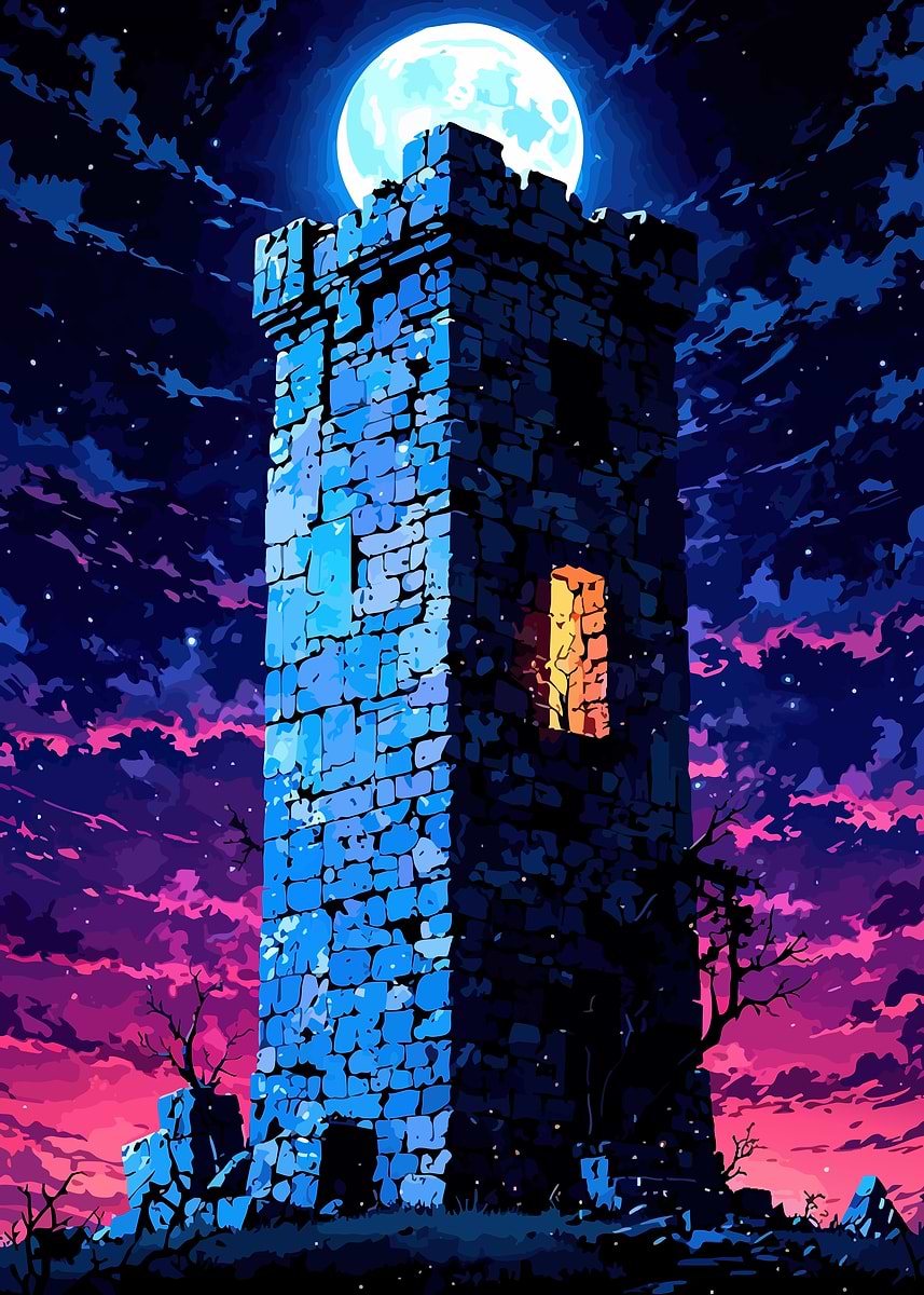 'Blue Stone Tower Under Moonlight' Poster, picture, metal print, paint ...