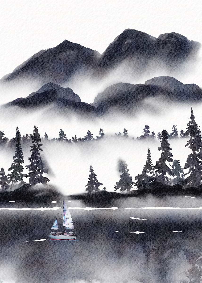 'Watercolor Landscape with Sailboat and Mountains' Poster, picture ...