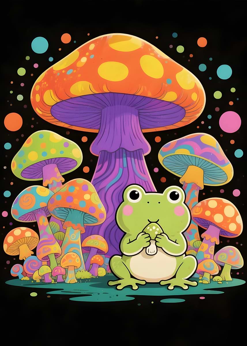 'Frog with Psychedelic Mushrooms' Poster, picture, metal print, paint ...