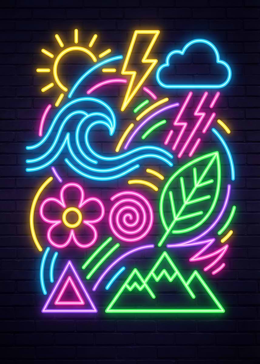 'Neon Nature Elements on Brick Wall' Poster, picture, metal print ...