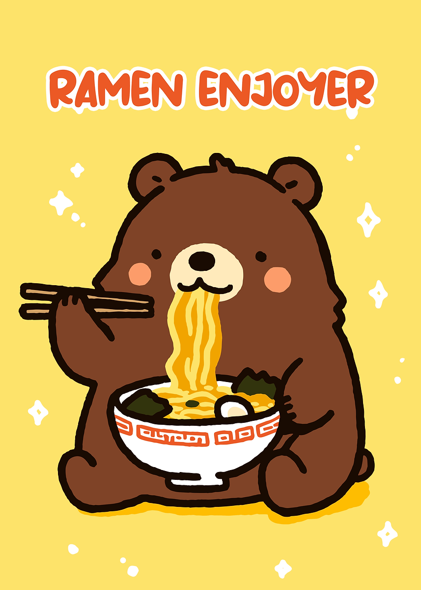 'Cute Bear Enjoys Ramen Illustration' Poster, picture, metal print ...