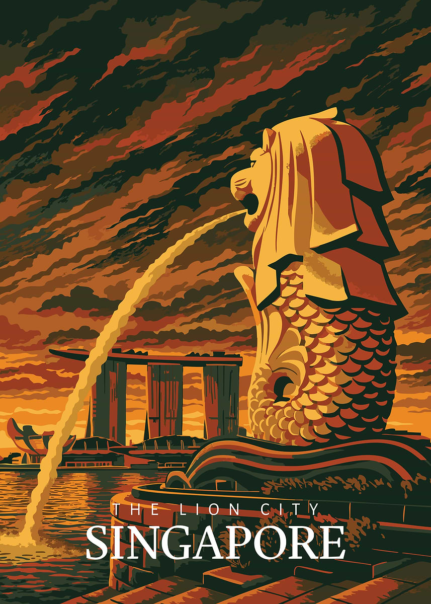 'Singapore Travel Poster: Merlion and Marina Bay Art Print' Poster ...