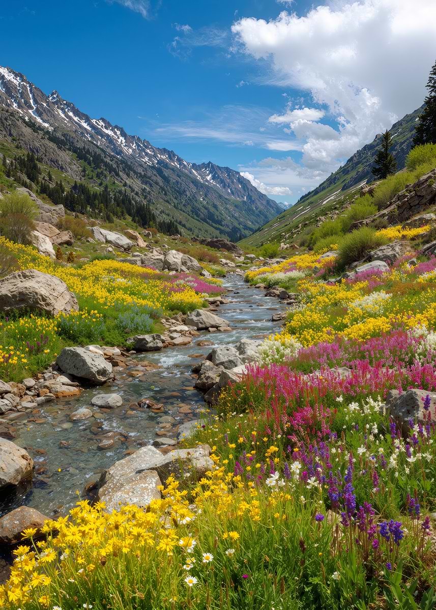 'Mountain Stream with Wildflowers' Poster, picture, metal print, paint by Mark Vincent Verallo ...