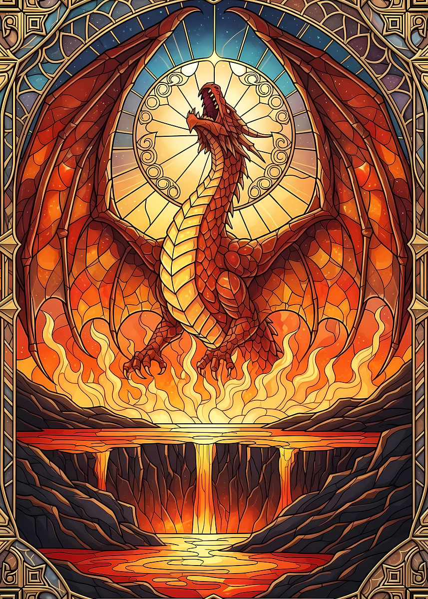 'Stained Glass Dragon over Lava' Poster, picture, metal print, paint by ...