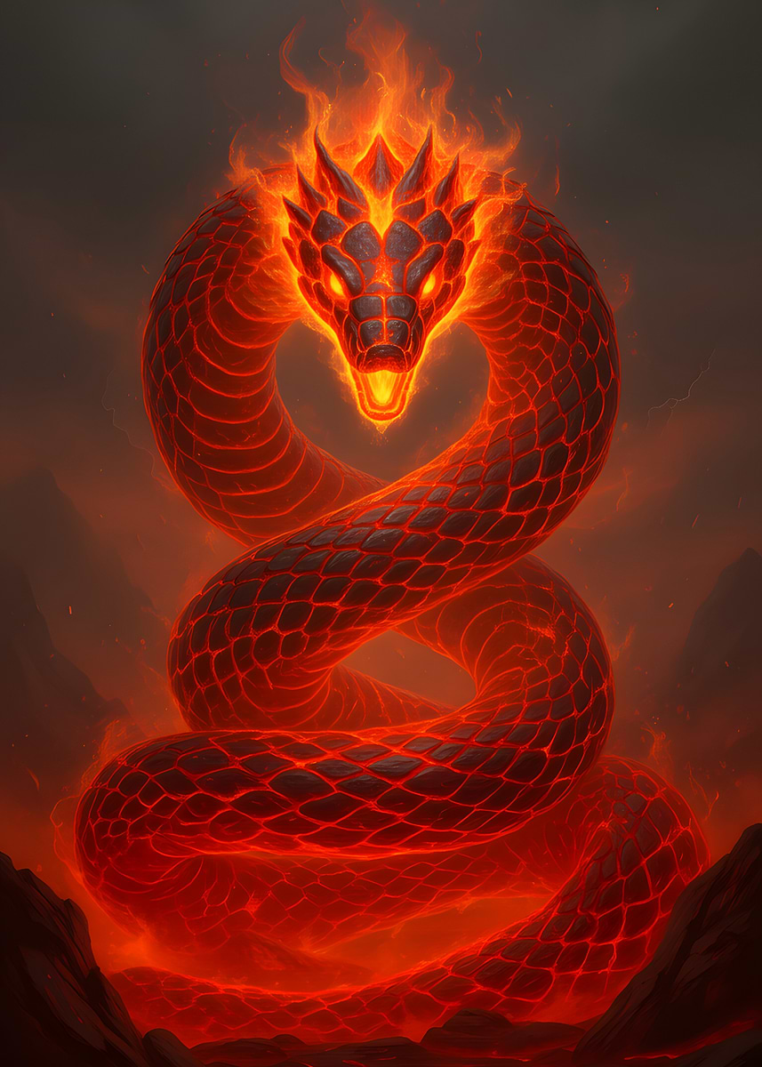 'Fiery Serpent Coiled in a Dark Landscape' Poster, picture, metal print ...