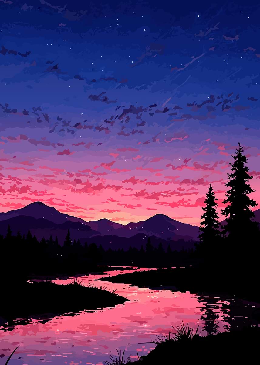 'Pink Sunset Landscape with River' Poster, picture, metal print, paint ...