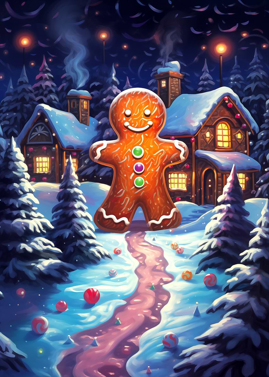 'Gingerbread Man in Winter Village' Poster, picture, metal print, paint ...
