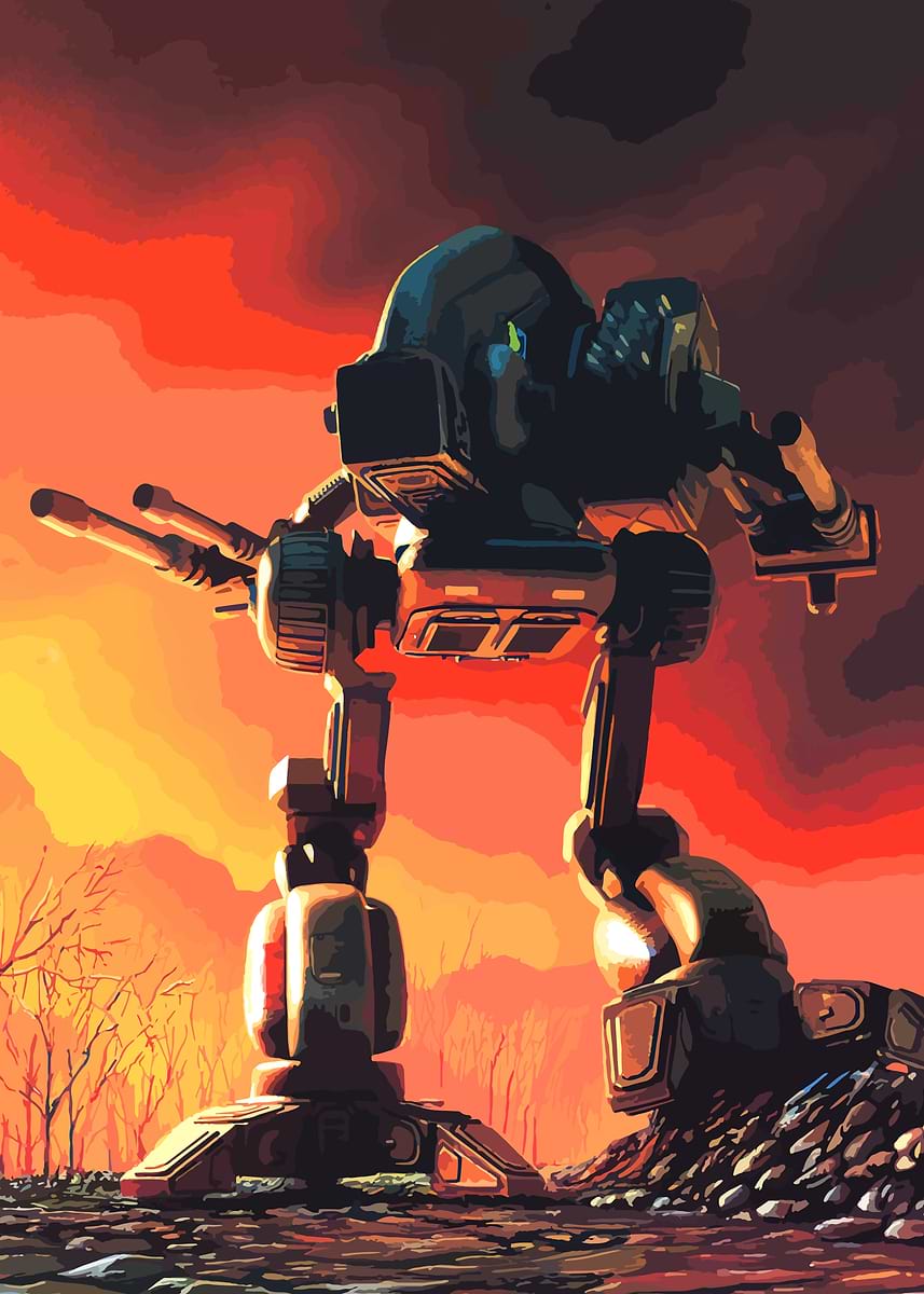 'Mech Warrior in Fiery Landscape' Poster, picture, metal print, paint ...