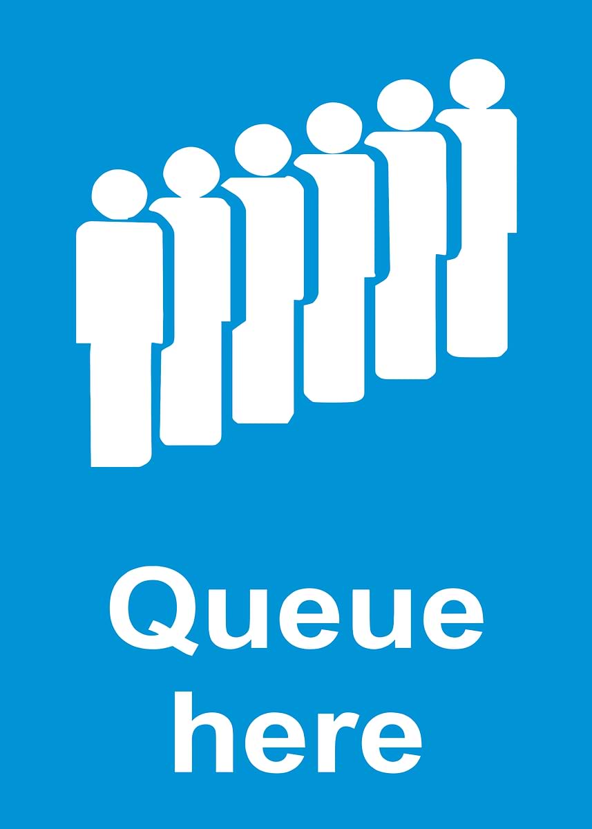 'Queue Here Sign' Poster, picture, metal print, paint by My Assignment ...