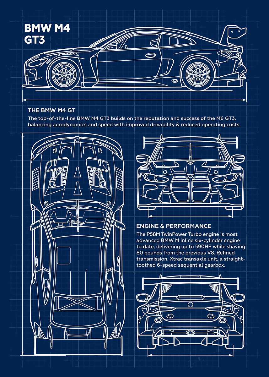 'BMW M4 GT3 Blueprint' Poster, picture, metal print, paint by Yushiroe ...