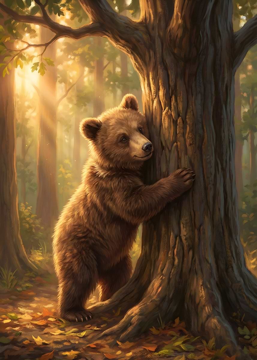 'Cute Bear Cub Hugging a Tree' Poster, picture, metal print, paint by ...