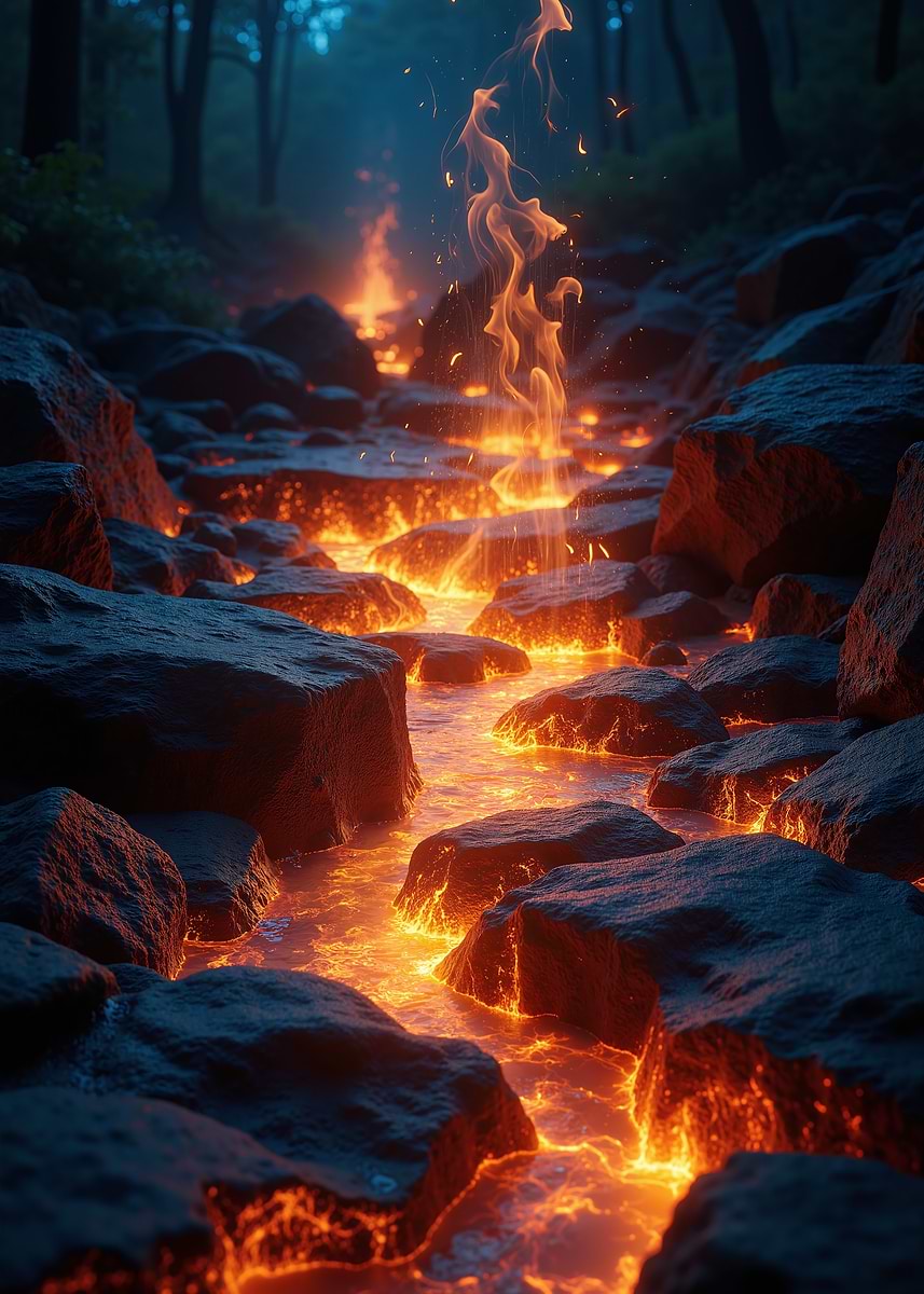 'Fiery River Through Forest' Poster, picture, metal print, paint by ...