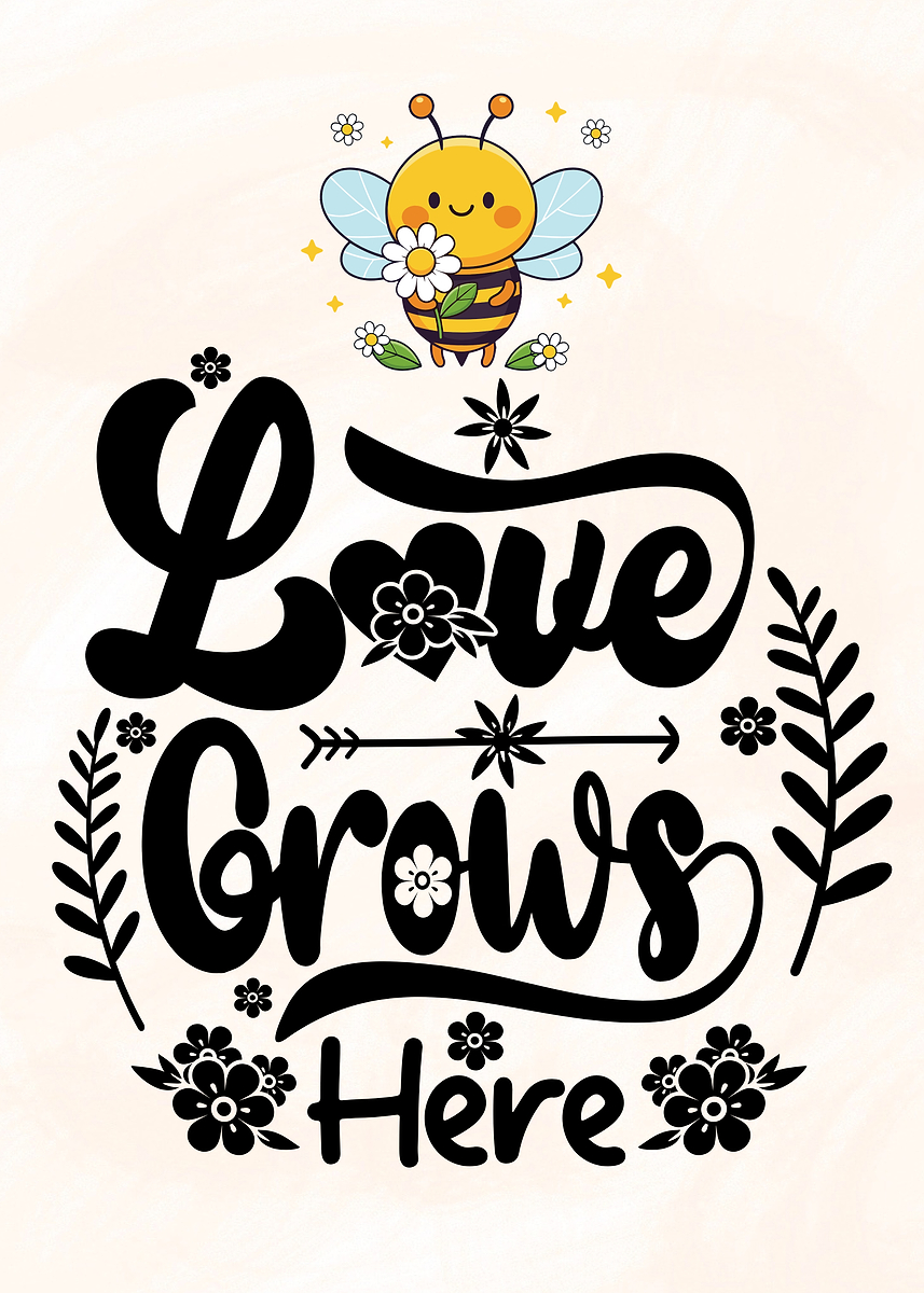 'Love Grows Here Bee Illustration' Poster, picture, metal print, paint ...
