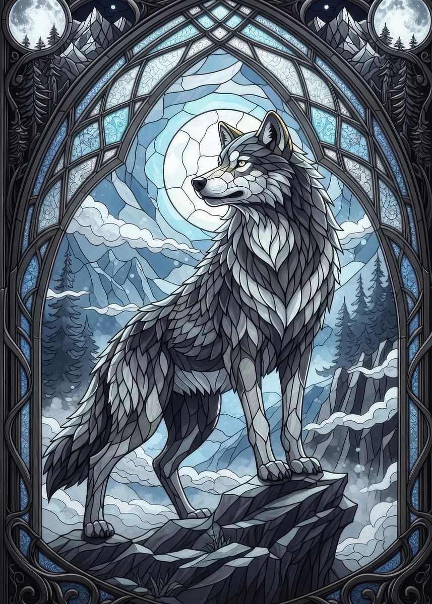 'Stained Glass Wolf in Winter Landscape' Poster, picture, metal print ...