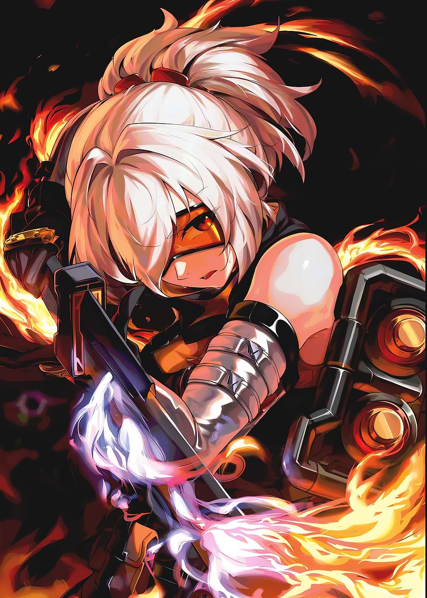 'Anime Girl with Fire and Sword' Poster, picture, metal print, paint by ...
