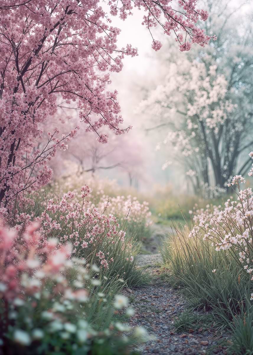 'Romantic Cherry Blossom Path' Poster, picture, metal print, paint by Mark Vincent Verallo ...