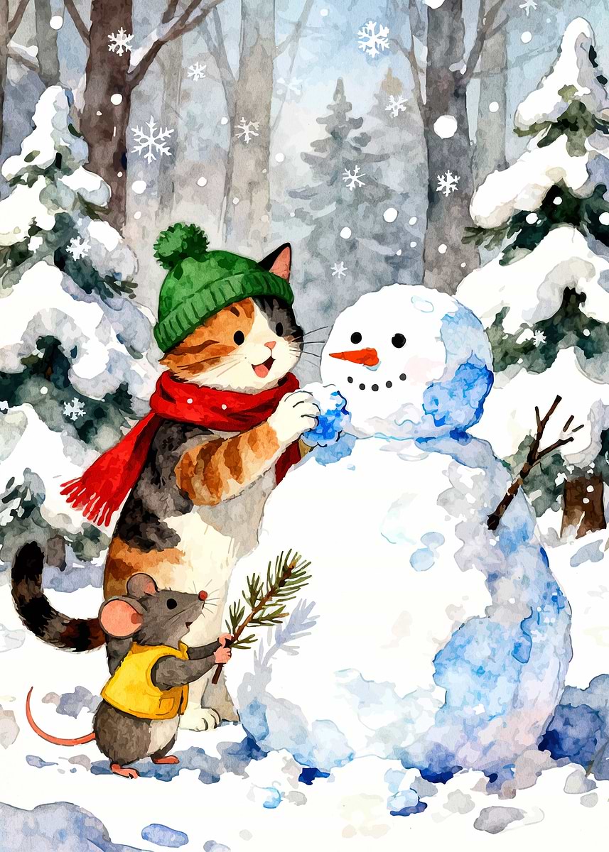 'Cat and Mouse Building Snowman' Poster, picture, metal print, paint by ...