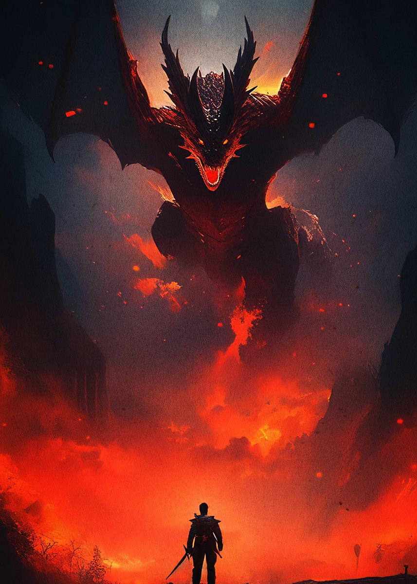 'Dragon and Warrior Fiery Landscape' Poster, picture, metal print, paint by Werner Mayert | Displate