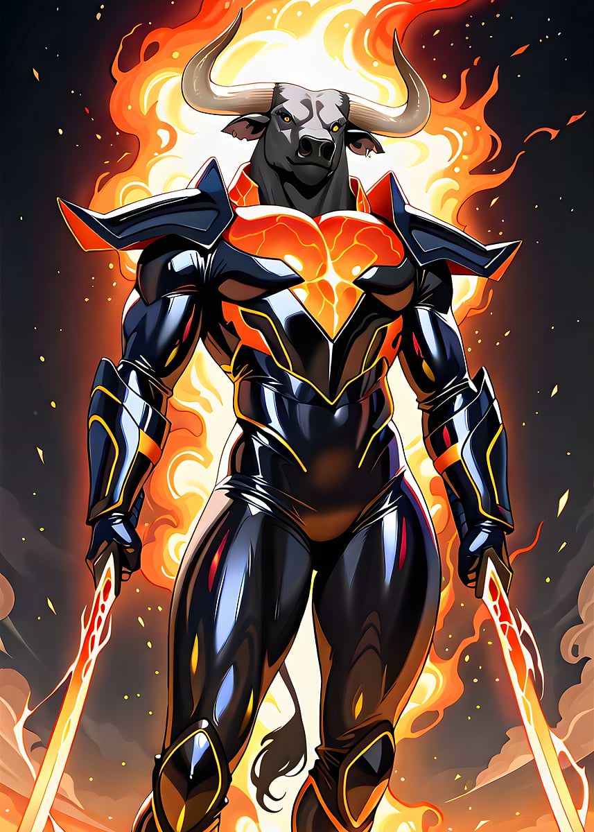 'Minotaur Warrior with Flaming Swords' Poster, picture, metal print ...