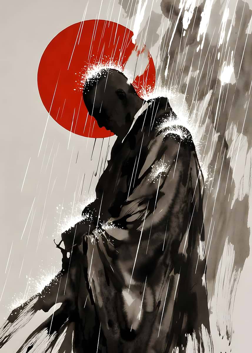 'Samurai in Rain with Red Sun' Poster, picture, metal print, paint by ...