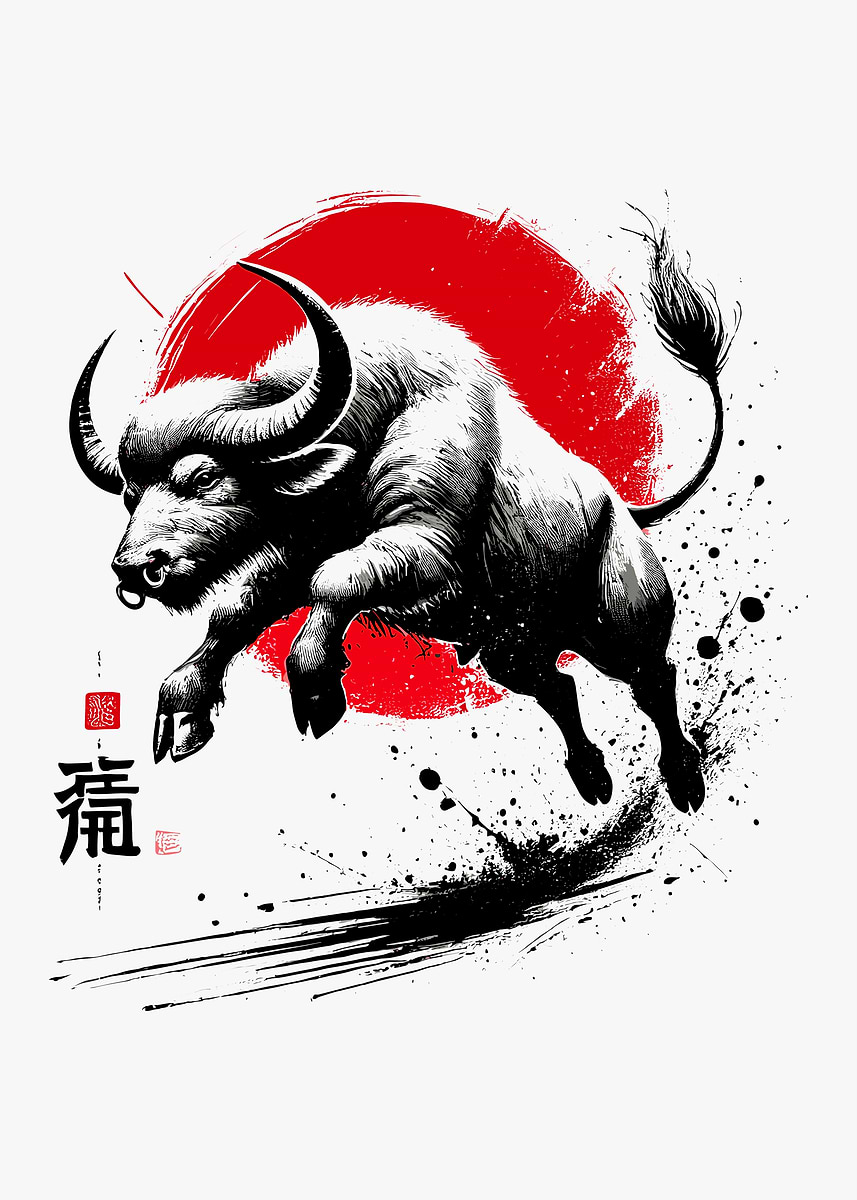 'Charging Buffalo with Red Sun' Poster, picture, metal print, paint by ...