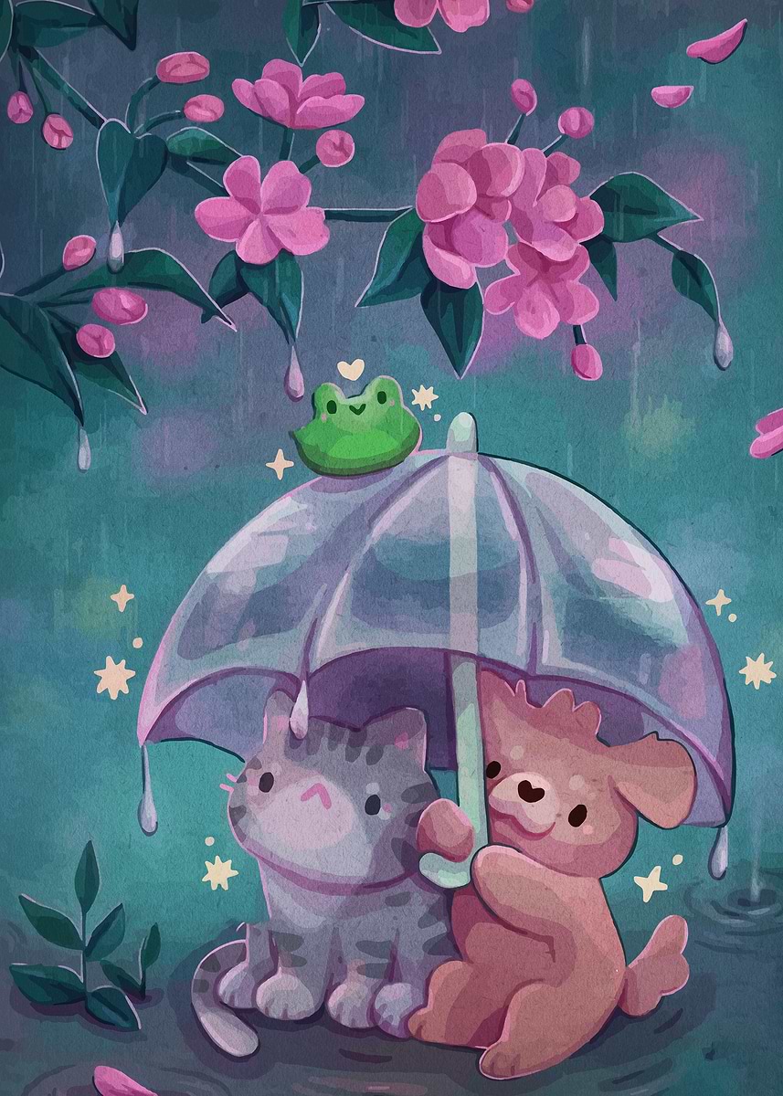 'Cat and Dog Under Umbrella in Rain' Poster, picture, metal print ...