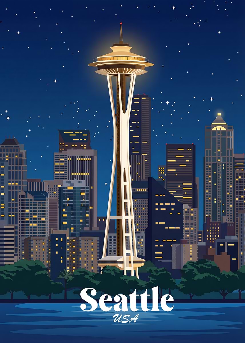 'Seattle Space Needle at Night' Poster, picture, metal print, paint by ...
